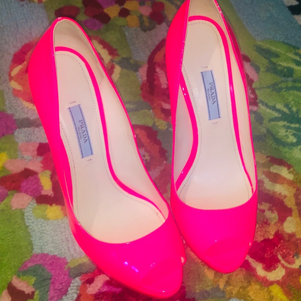 Hot Pink Barbie Peep Toe Patent Prada Heels 38 - Gem
